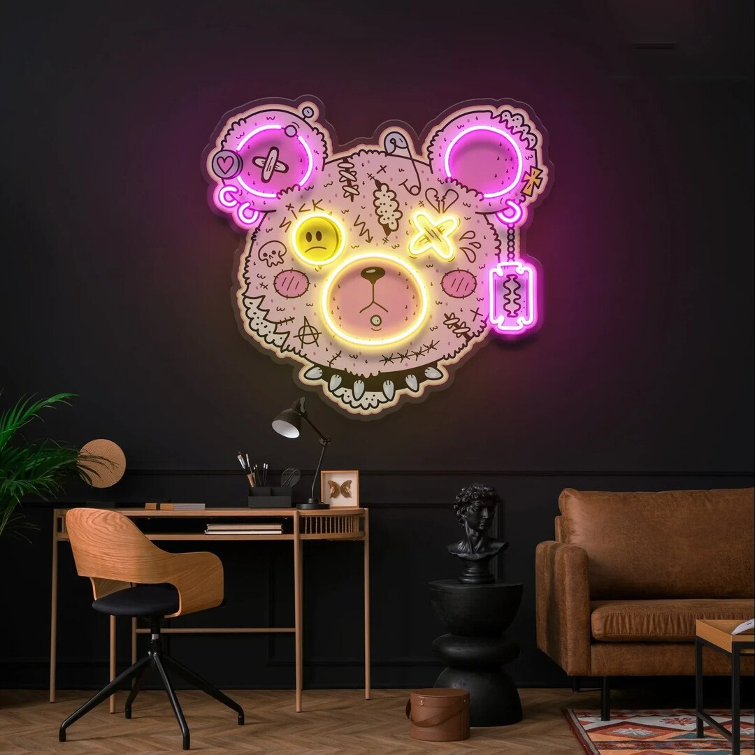 Teddy Bear Pop Art Cool Damaged Teddy Neon Sign, Cute Bear Neon Sign ...