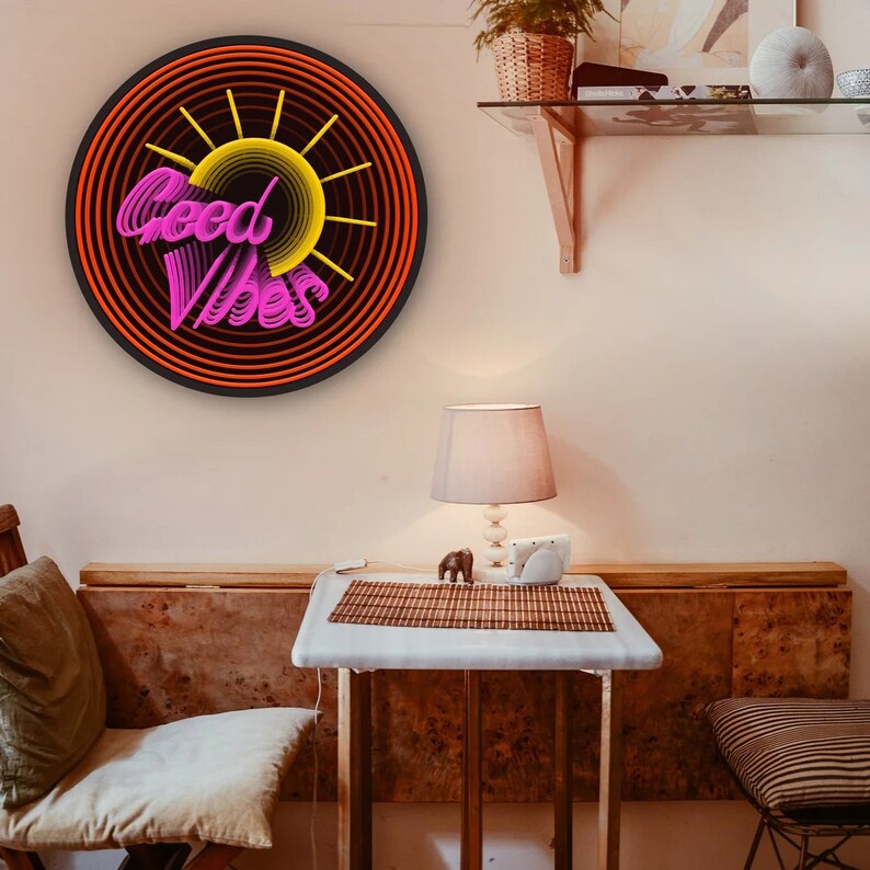 Multi-layer Mirror 3D Infinite Mirror Red GOOD VIBE LED Neon Mirror ...