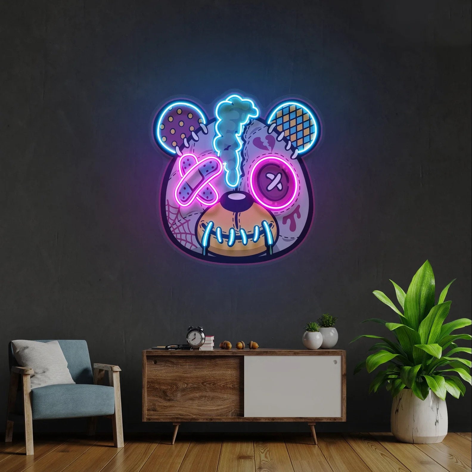 Pop Art Cool Damaged Teddy Neon Sign, Cute Bear Neon Sign, Graffiti ...