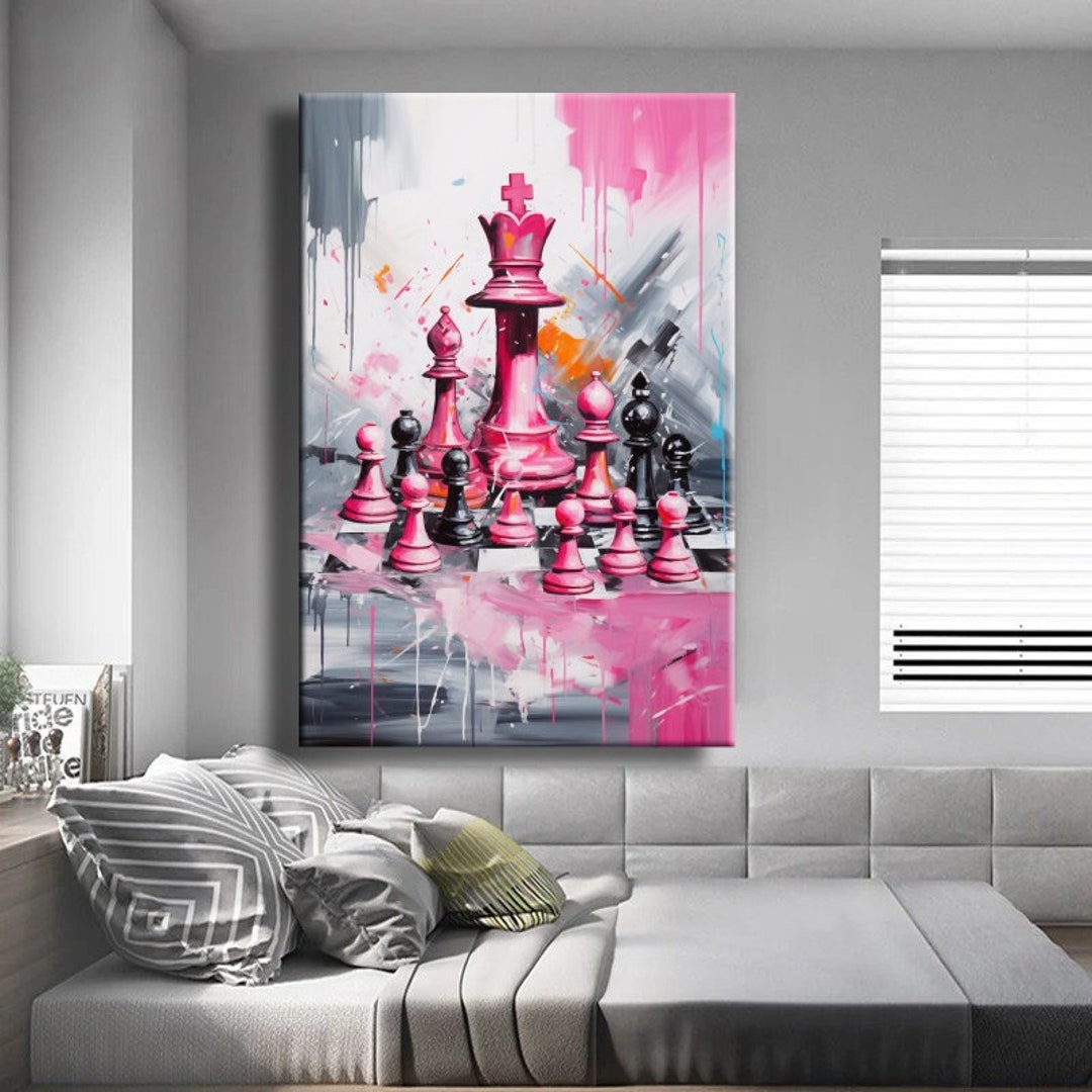Pink Chess Printed Graffiti Pop Art Canvas Wall Art, Modern Graffiti ...
