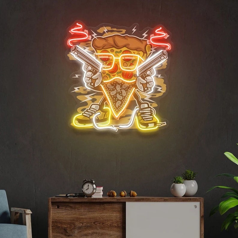 Pizza Slice Cartoon With Guns Artwork Led Neon Light for Restaurant ...
