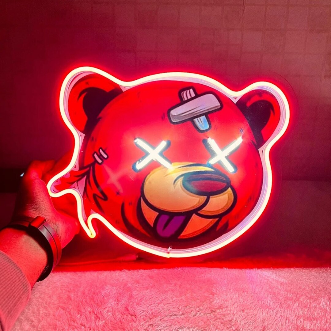Pop Art Red Teddy Bear Cool Damaged Teddy Neon Sign, Cute Bear Neon ...