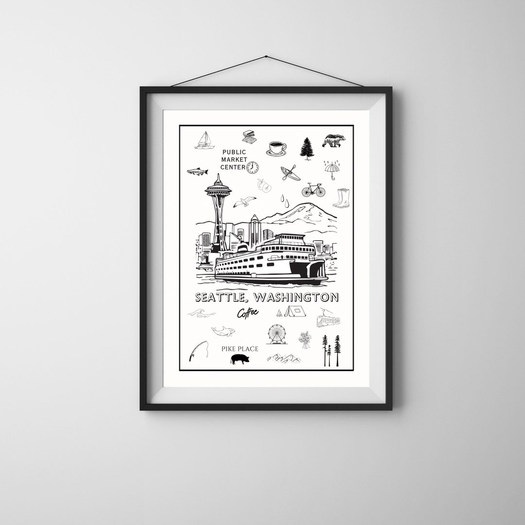 Seattle Washington Icons, Digital Print Art, Wall Art, Home Decor ...