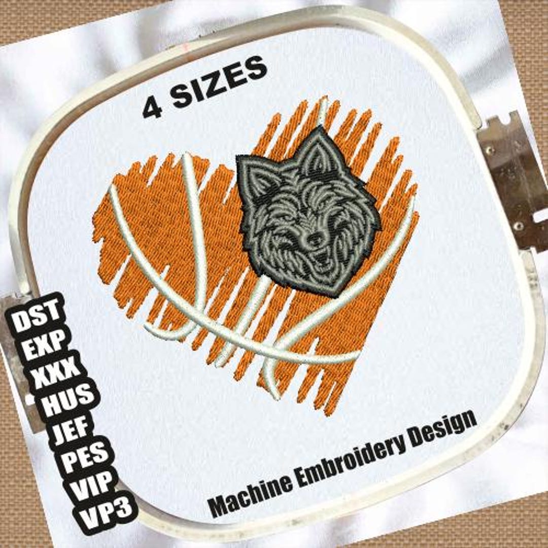 Basketball Heart Wolves Face Machine Embroidery Design | Basketball ...