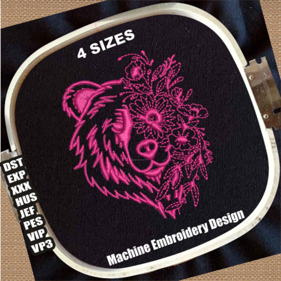 Boho Bear Embroidery Pattern | Half Bear Face Half Flower DST File ...