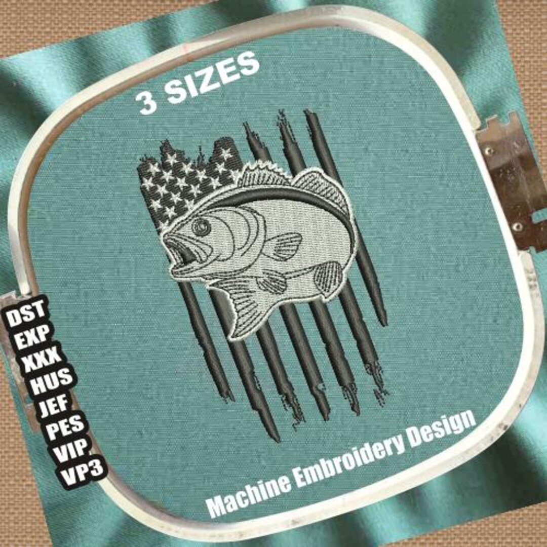 USA Flag Bass Fish Embroidery Designs | Fishing Bass American Flag DST ...