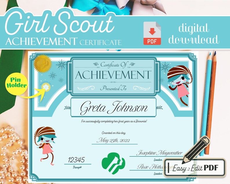 Girl Scout Brownie First Year Certificate of Achievement With Space for ...