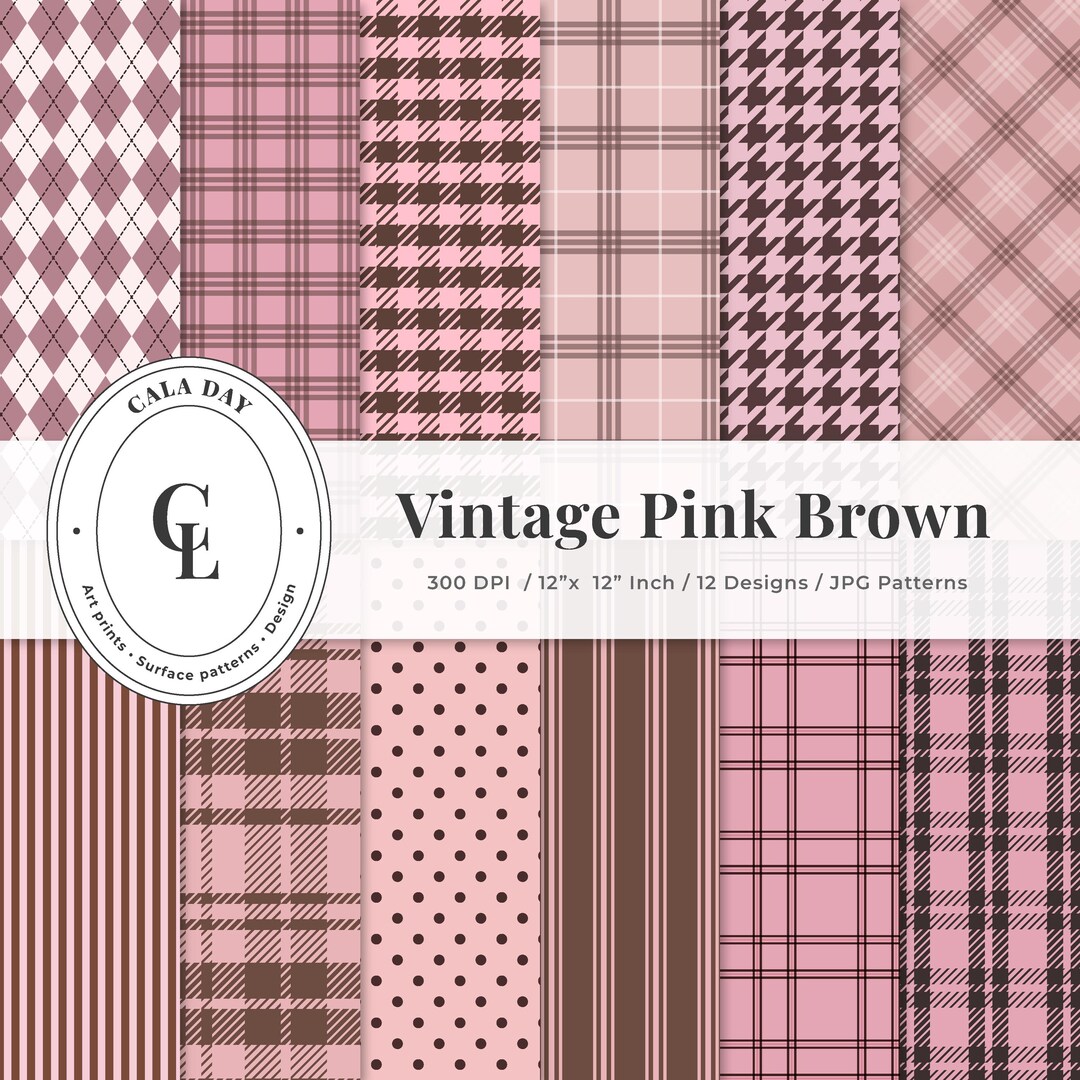 Vintage Pink Brown Digital Paper Pack – Seamless Plaid, Stripes, Polka ...