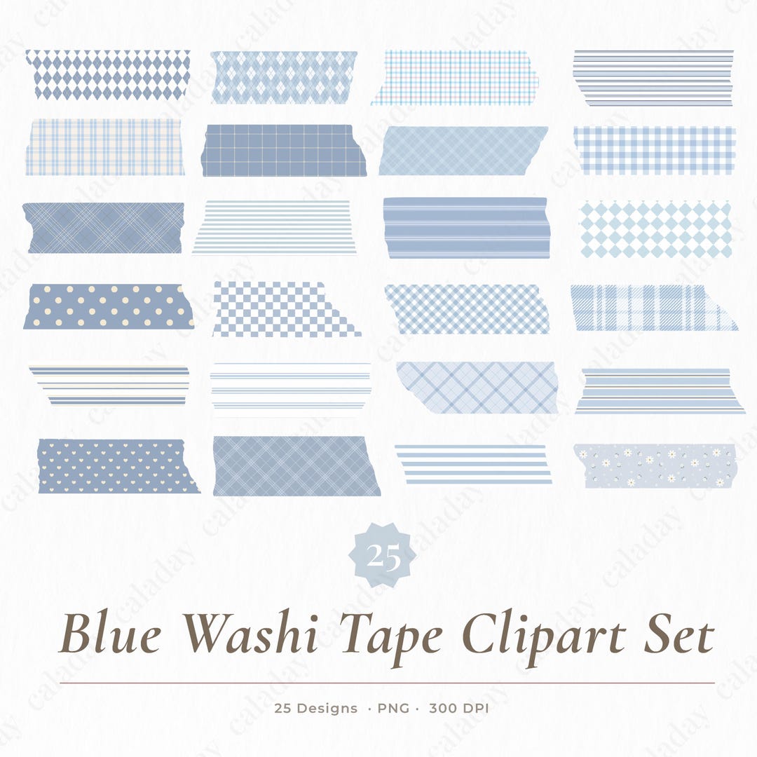 Blue Washi Tape Clipart PNG Set – 25 Transparent Elements, 300 DPI ...