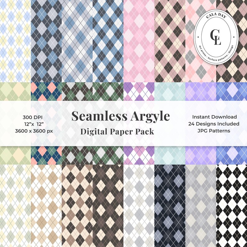 Seamless Argyle Digital Paper Pack | 24 High-quality Patterns (12x12 ...