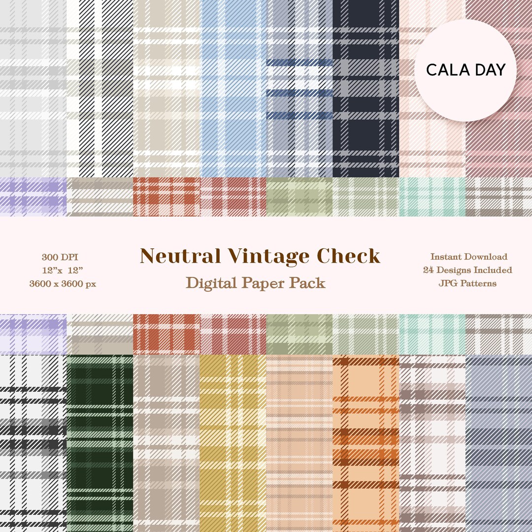 Neutral Vintage Check Digital Paper Pack – 24 JPG Files – 12x12 Inches ...