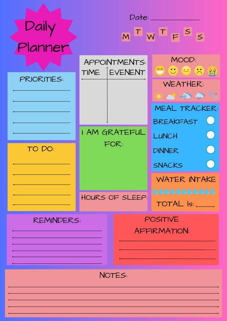 Colorful Daily Planner Bundle. Priorities, Appointments, Meal Tracker ...