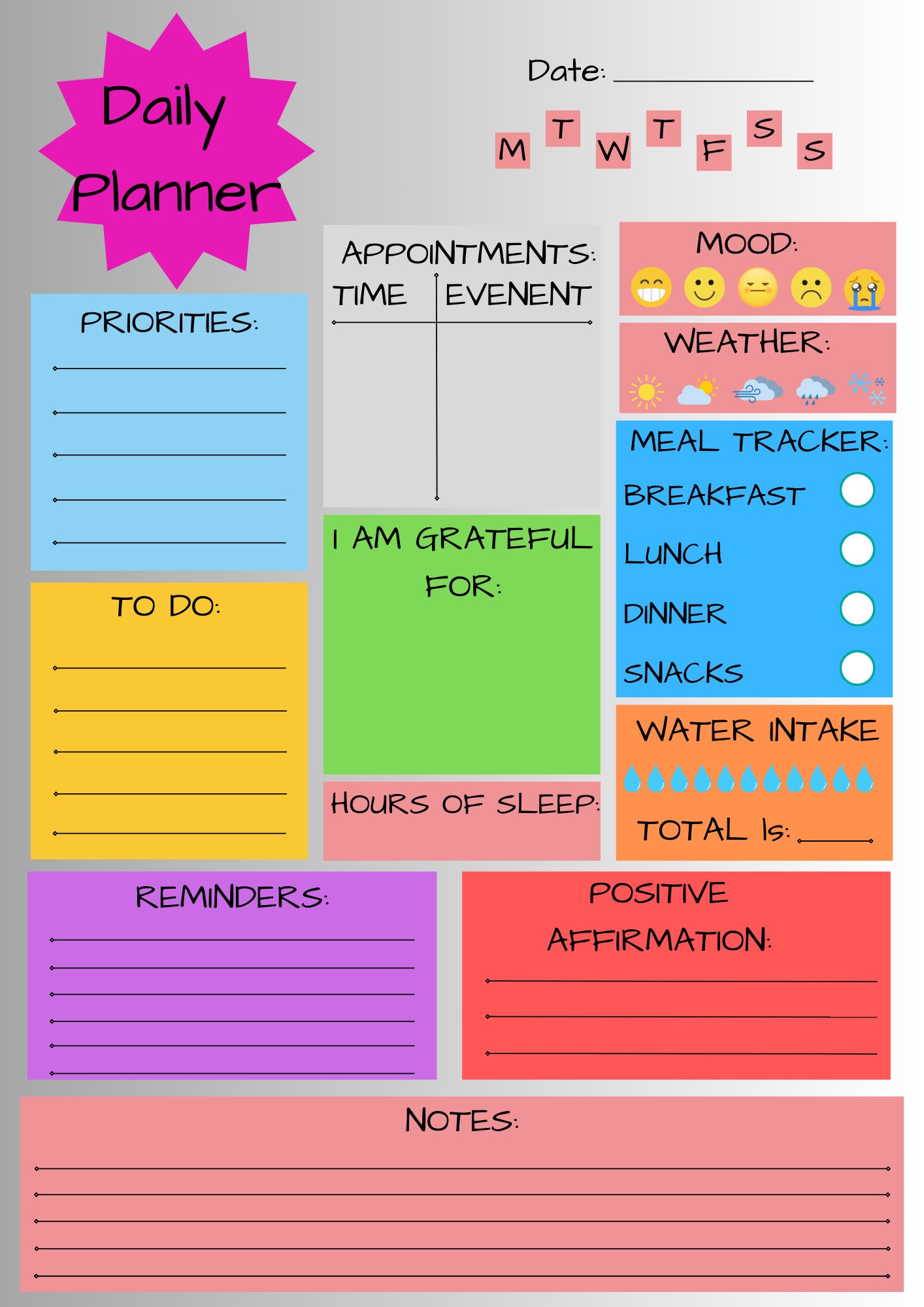 Colorful Daily Planner Bundle. Priorities, Appointments, Meal Tracker ...