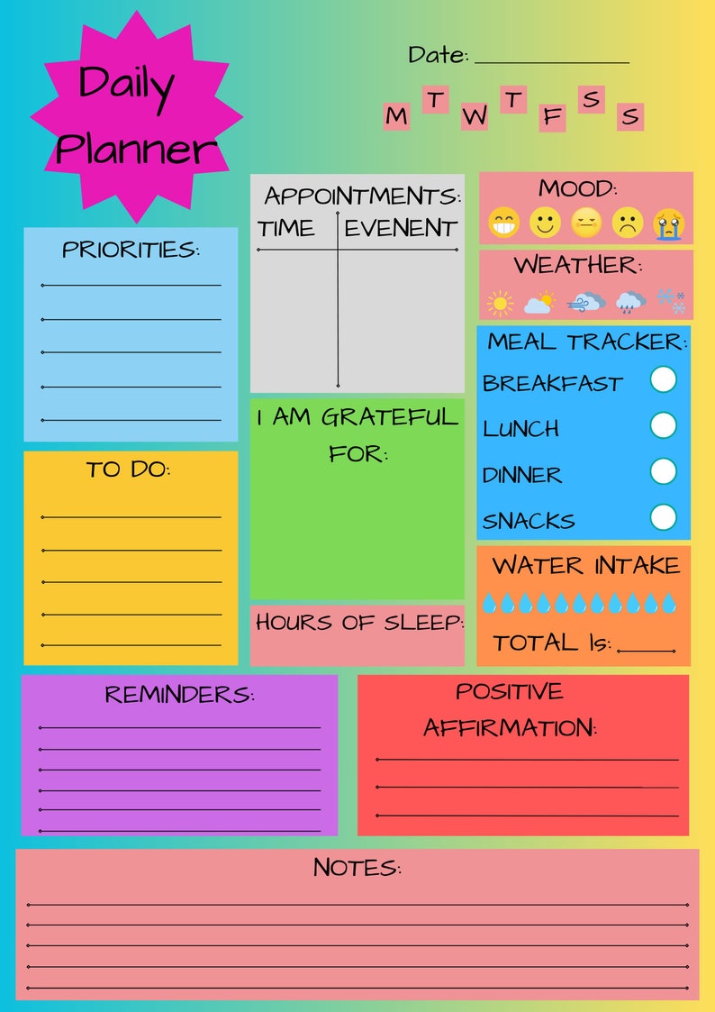 Colorful Daily Planner Bundle. Priorities, Appointments, Meal Tracker ...