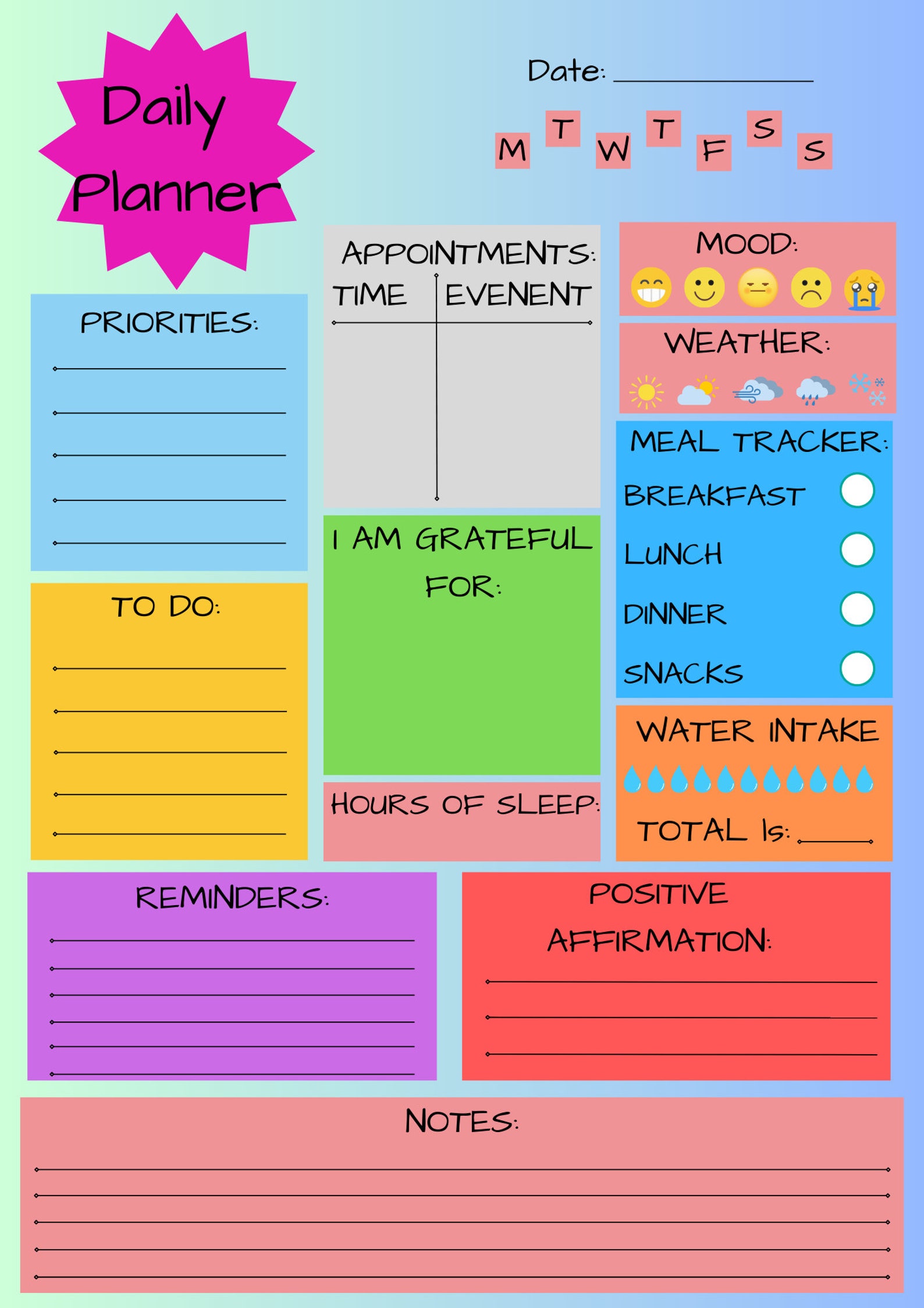 Colorful Daily Planner Bundle. Priorities, Appointments, Meal Tracker ...