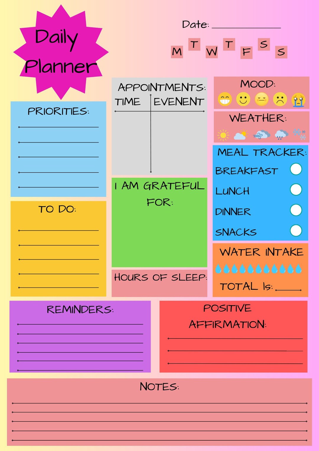 Colorful Daily Planner Bundle. Priorities, Appointments, Meal Tracker ...