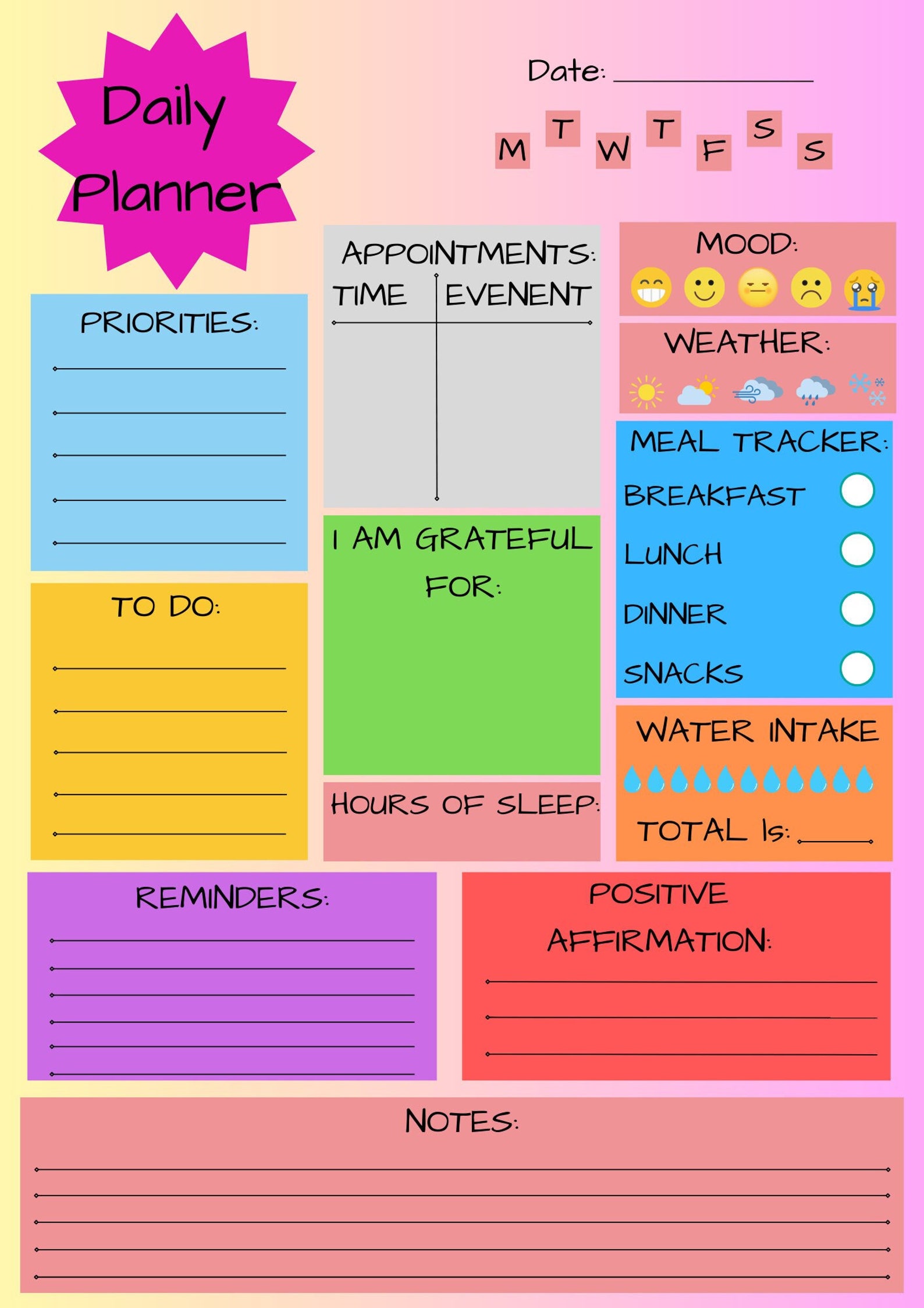 Colorful Daily Planner Bundle. Priorities, Appointments, Meal Tracker ...