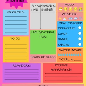 Colorful Daily Planner Bundle. Priorities, Appointments, Meal Tracker ...