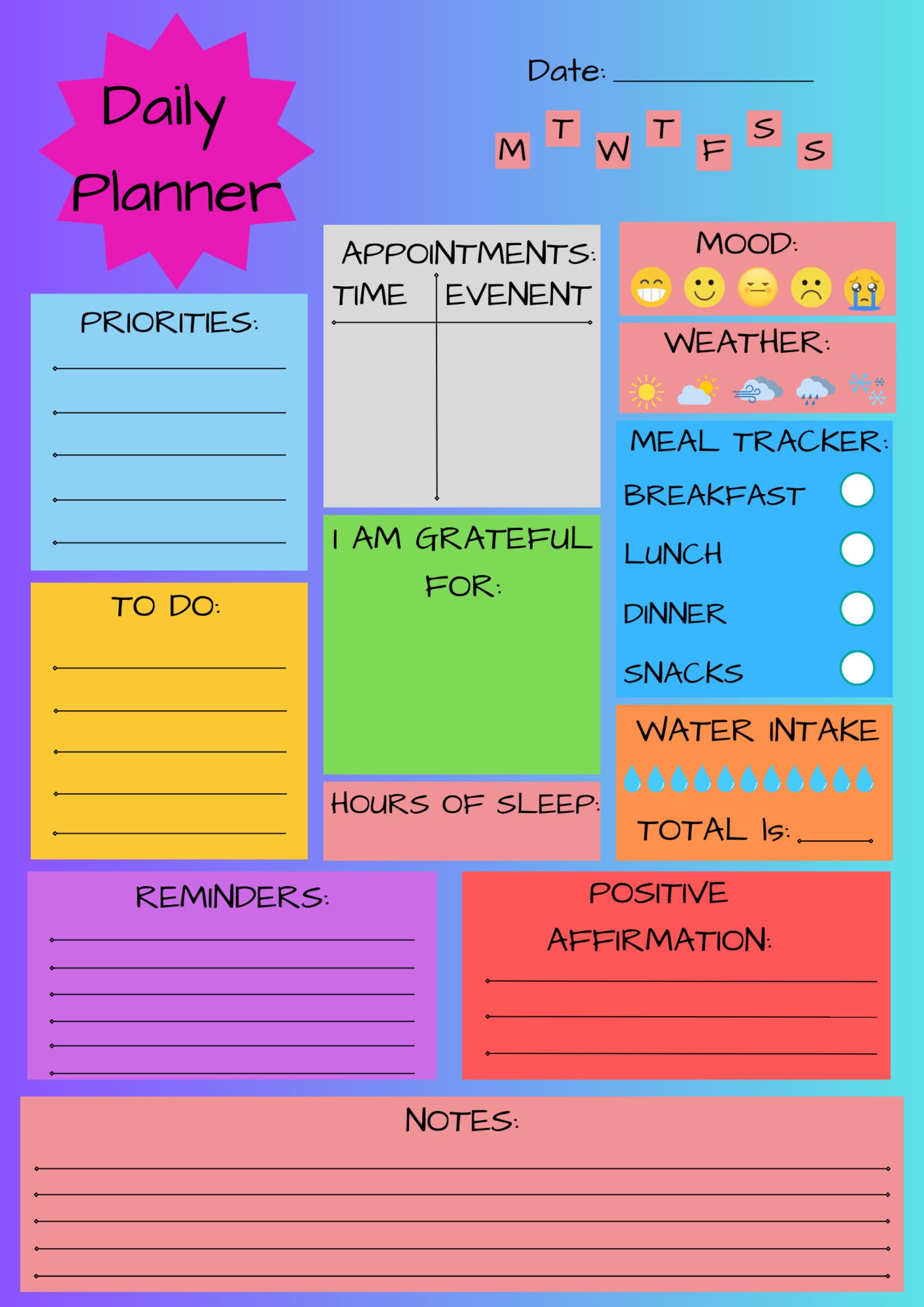 Colorful Daily Planner Bundle. Priorities, Appointments, Meal Tracker ...