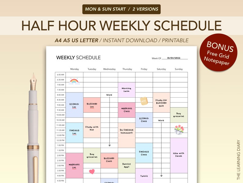 Half Hour Weekly Schedule Printable: Minimalist Planner A4 A5 US Letter ...