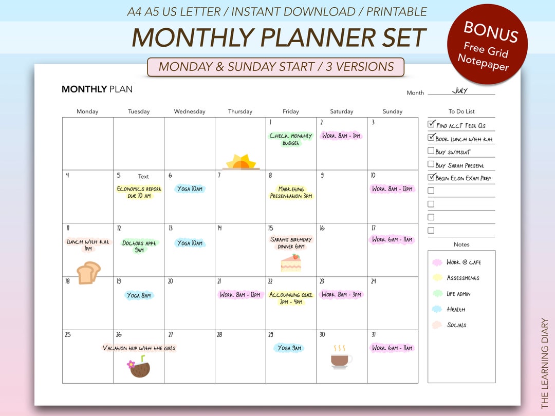 Undated Monthly Planner Set | Monthly Calendar Overview With Notes ...