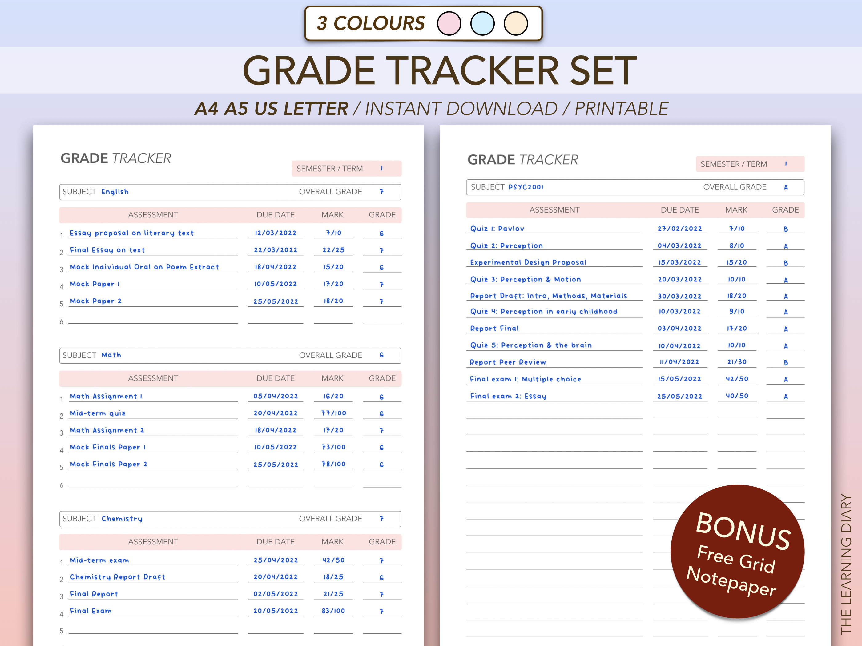 Simple Grade Tracker Set Printable | Gradesheet Template | Results ...