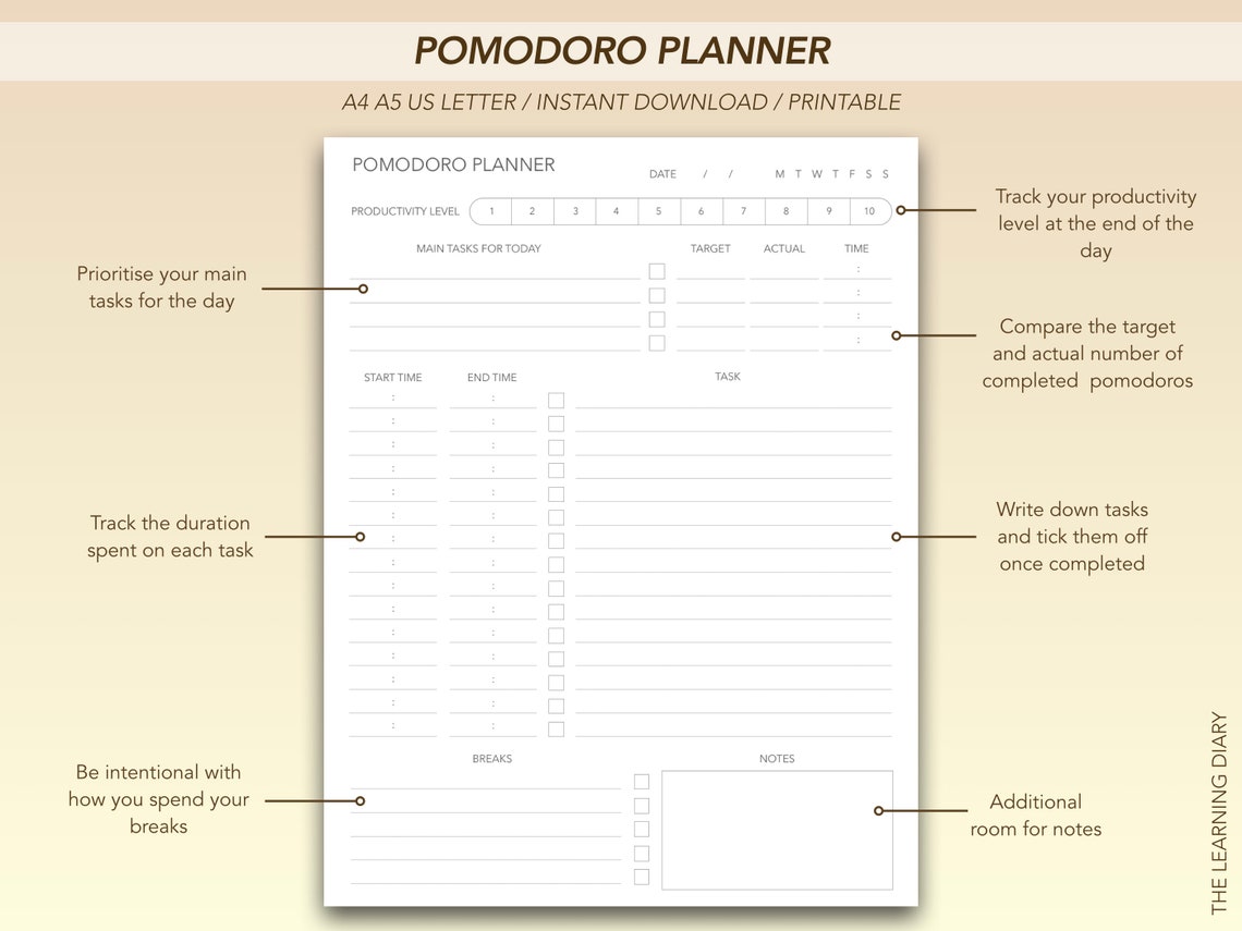 Simple Pomodoro Planner Printable Study Session Planner - Etsy
