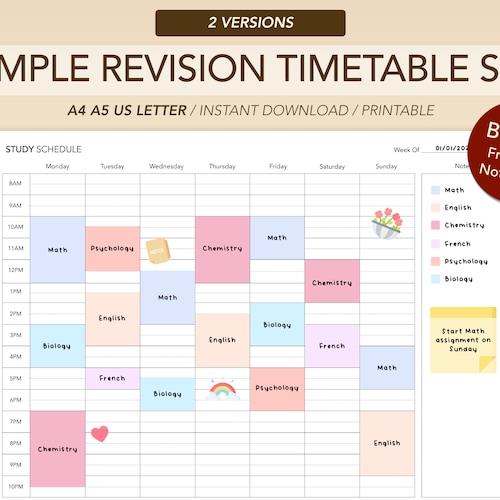 Minimalist Revision Timetable Printable Set Study Schedule - Etsy