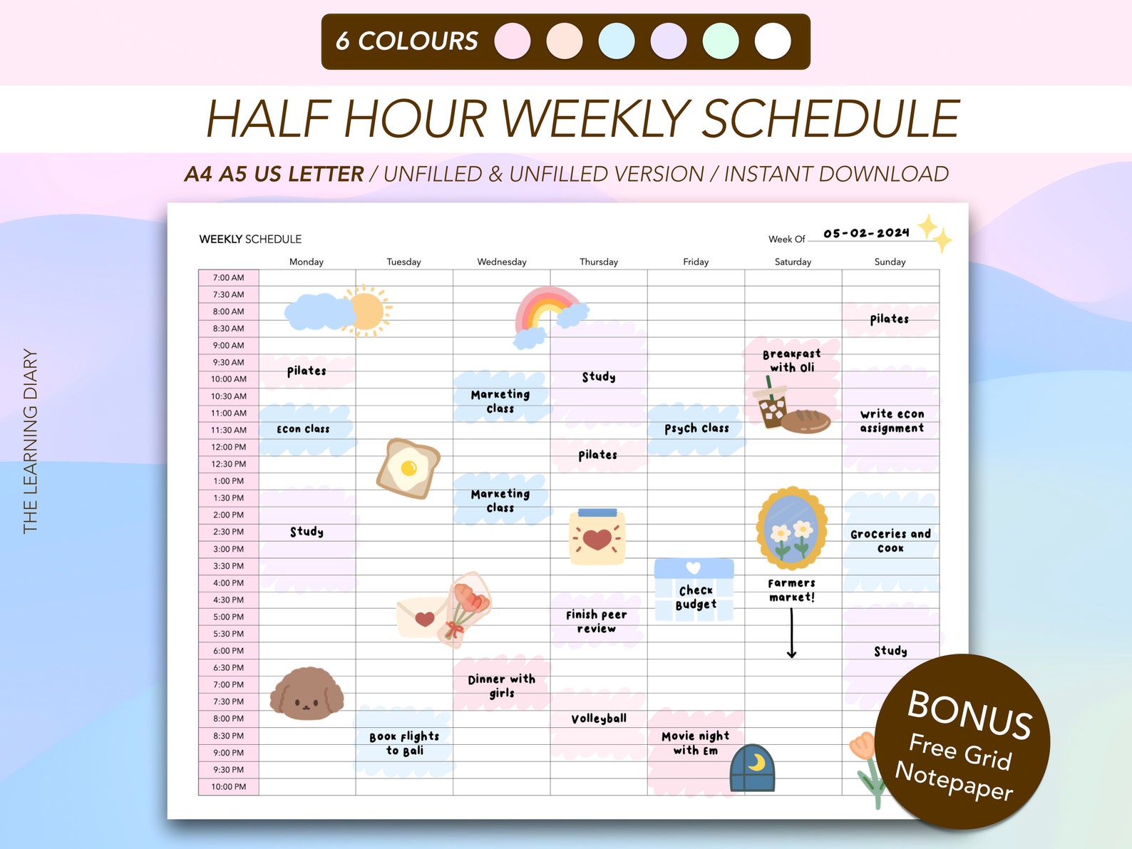 Half Hour Weekly Schedule Colours Weekly Planner Printable & Digital ...