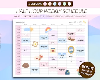 Half Hour Weekly Schedule, 7 Day Planner, Weekly Planner PDF, Week at a ...