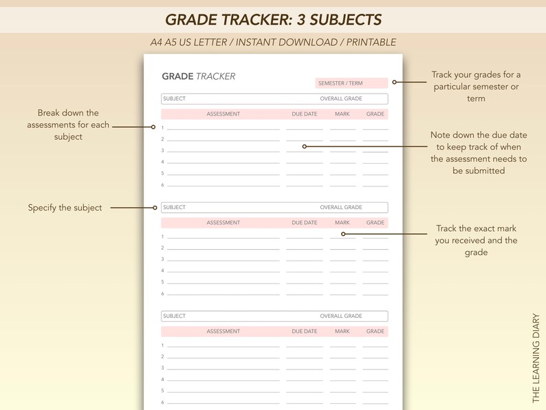 Simple Grade Tracker Set Printable | Gradesheet Template | Results ...