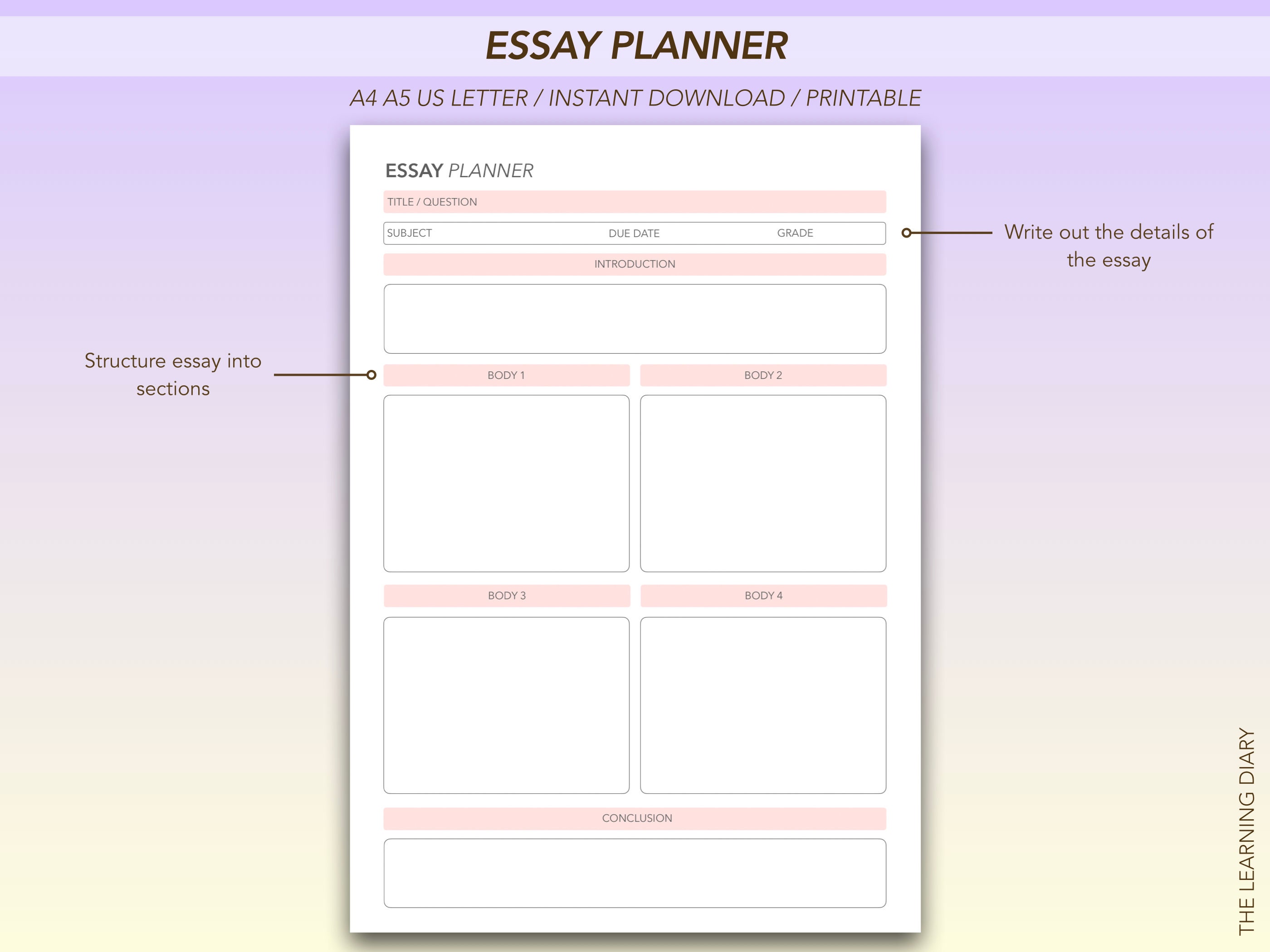 Essay Planner Printable Set: A4, A5 & US Letter (instant Download) - Etsy