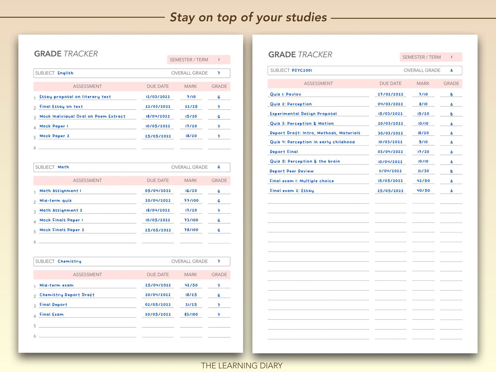 Simple Grade Tracker Set Printable | Gradesheet Template | Results ...