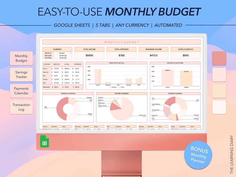 Monthly Budget Spreadsheet Google Sheets Budget Template - Etsy
