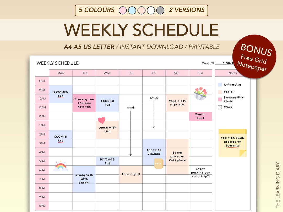 Simple Weekly Schedule Planner Printable | Study Schedule | Weekly ...