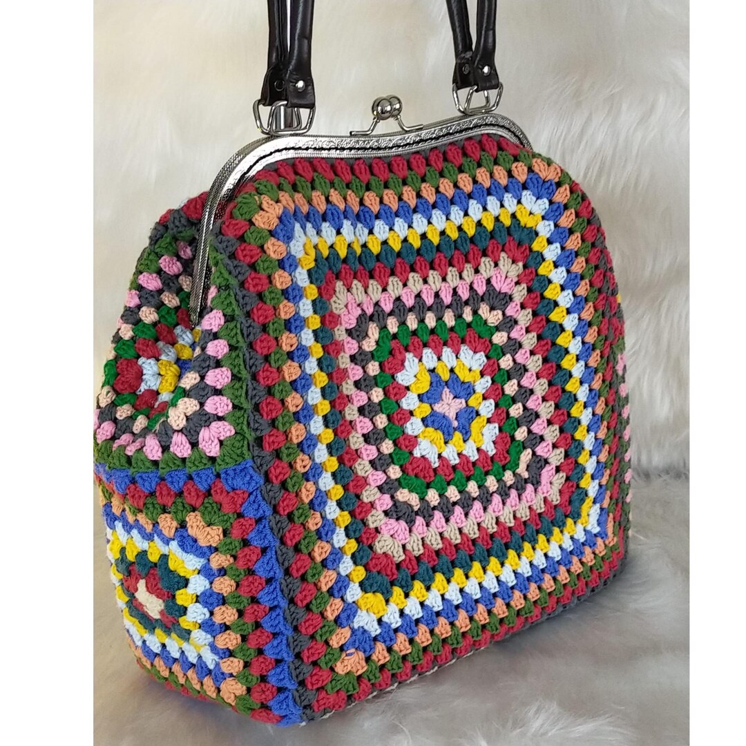 Large Crochet Tote Bag, Colourful Granny Square Handbag With Leather ...