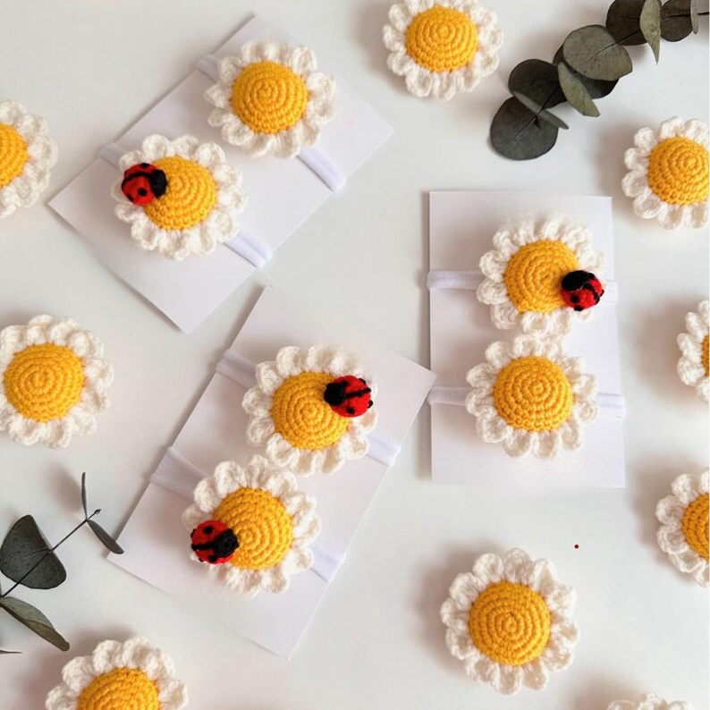 Handmade Crochet Daisy Hair Tie: Yellow & White Cotton Ponytail Holder ...