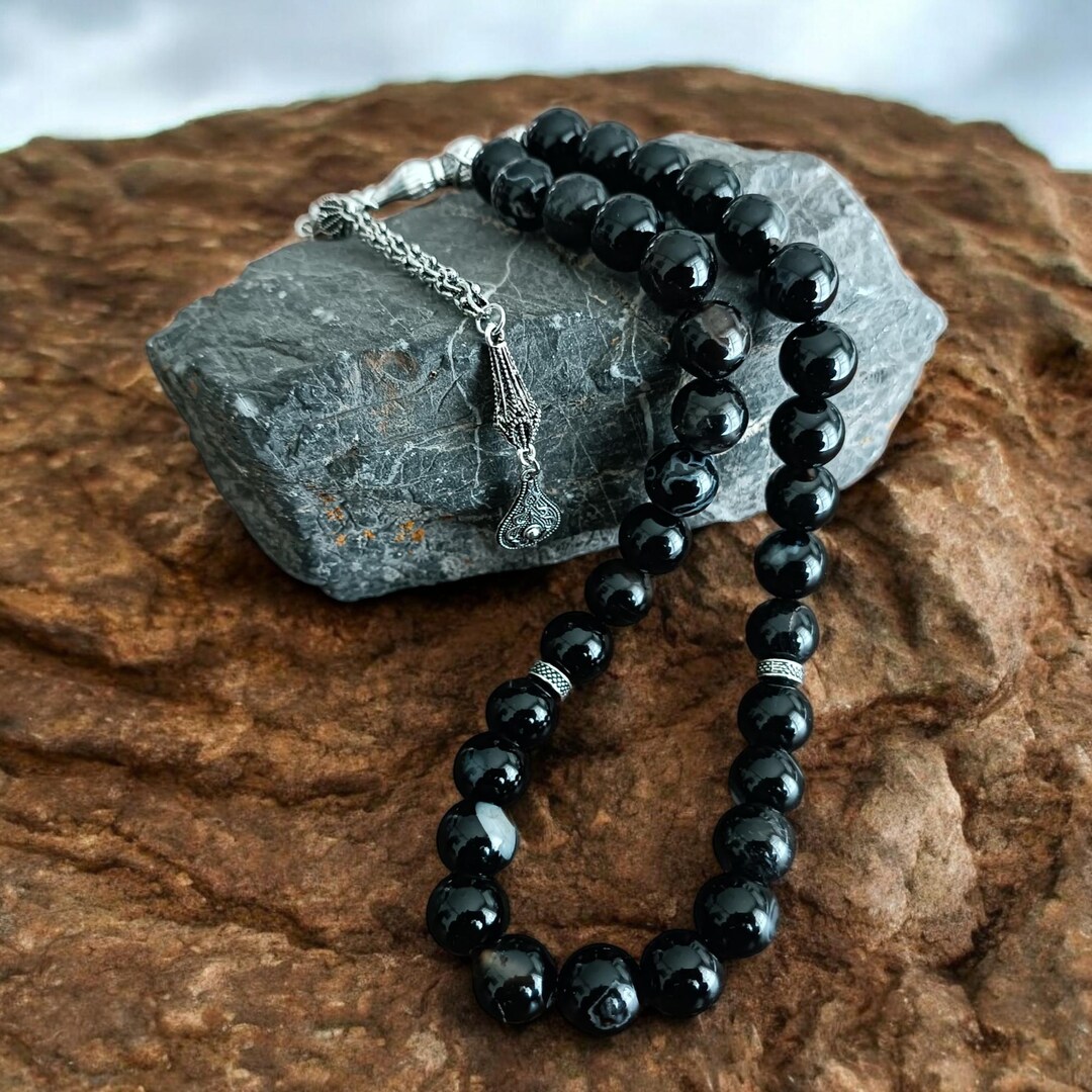 Black Rosary, Tasbih 33, Islamic Gift, Agate Prayer Beads, Aqeeq Misbah ...