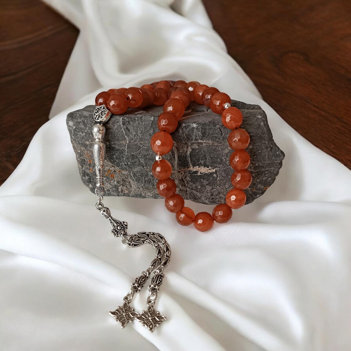 Faceted Agate Tasbih, Orange Aqeeq Misbah, Round Rosary Beads, Gemstone ...