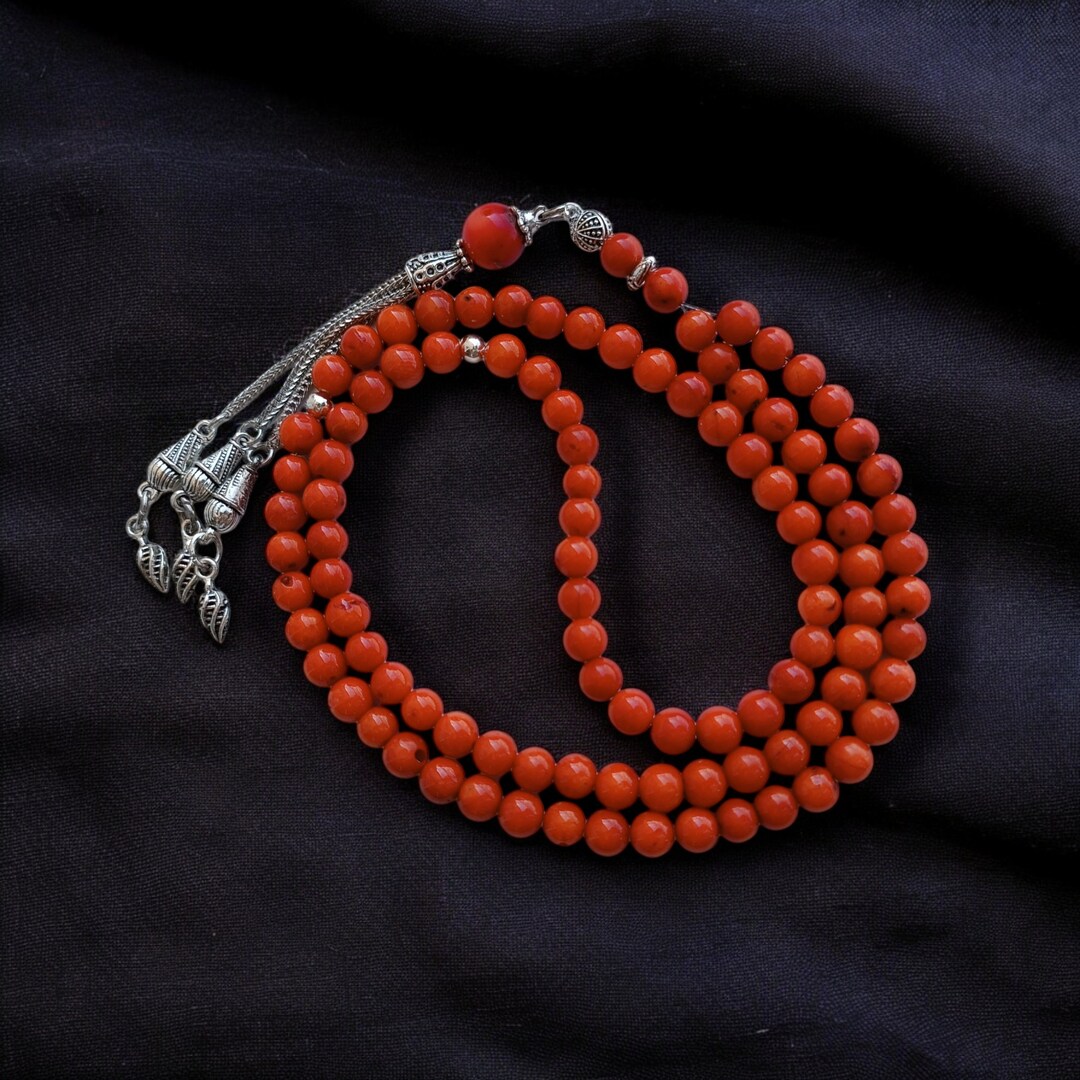 Red Gemstone Misbah, Coral Prayer Beads, Rosary Necklace, Natural Stone ...