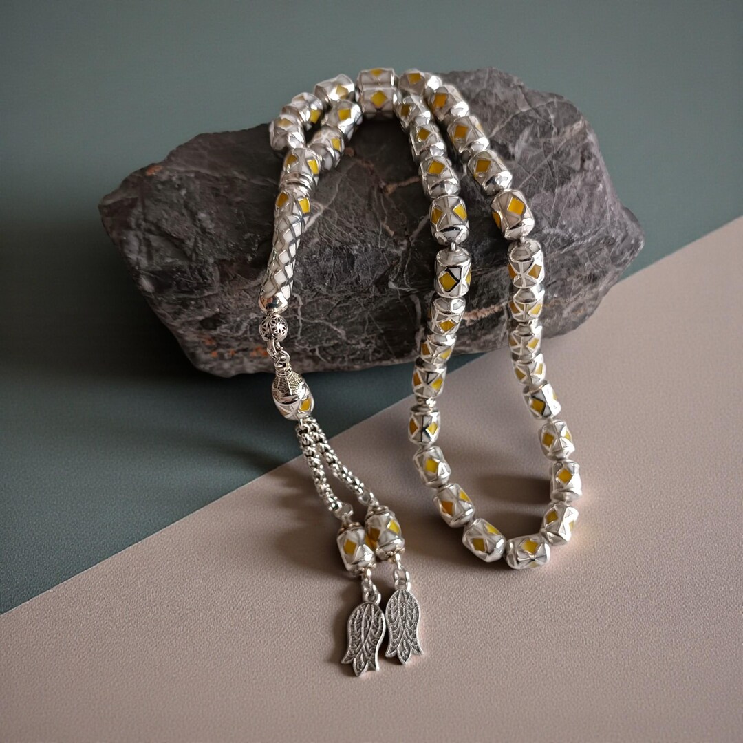 600K Silver Wrapped Enamel Masbaha, Tasbih 33, Silver Tasbeeh, White ...