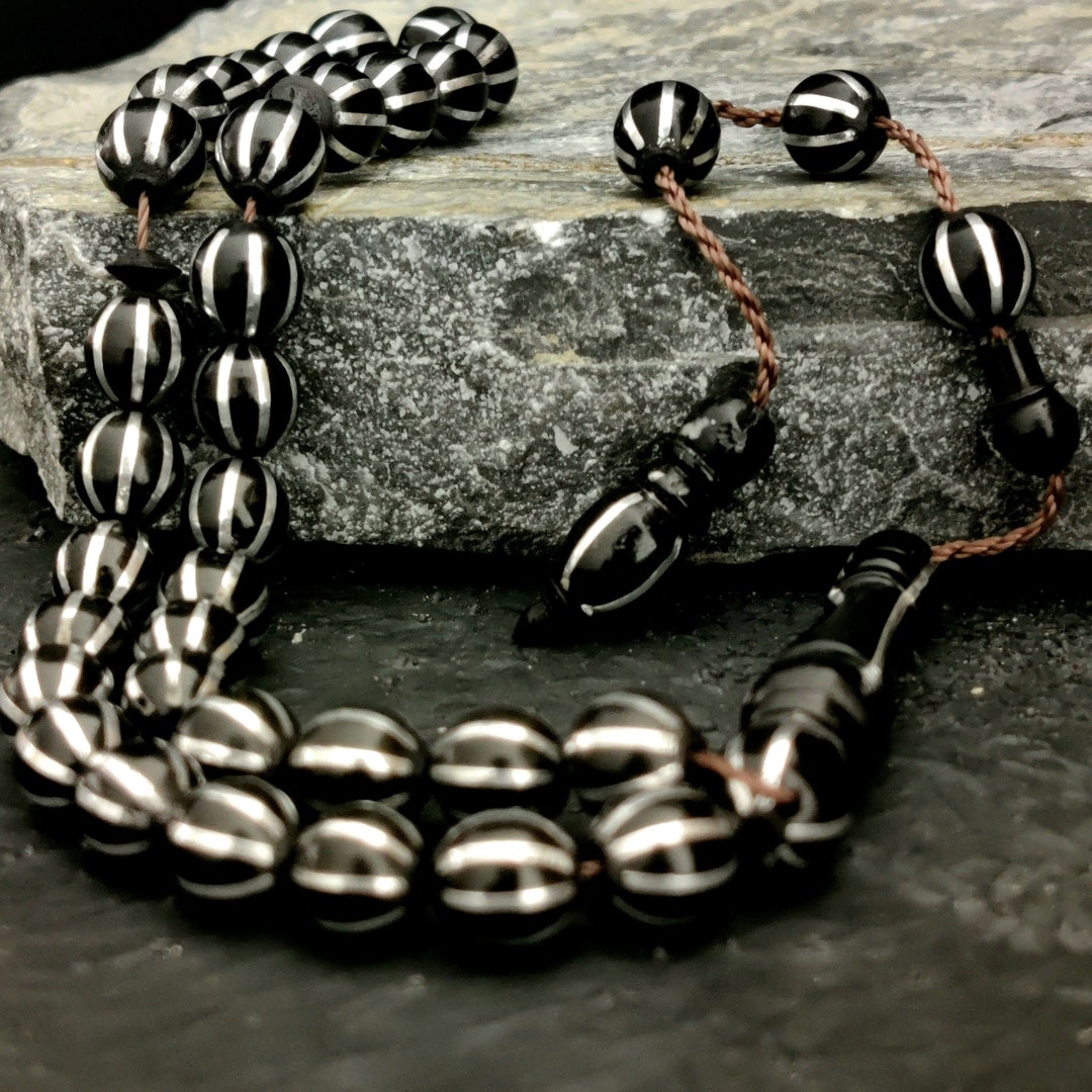 Black Prayer Beads, Kuka Rosary, Islamic Tasbih, Patterned Misbah ...