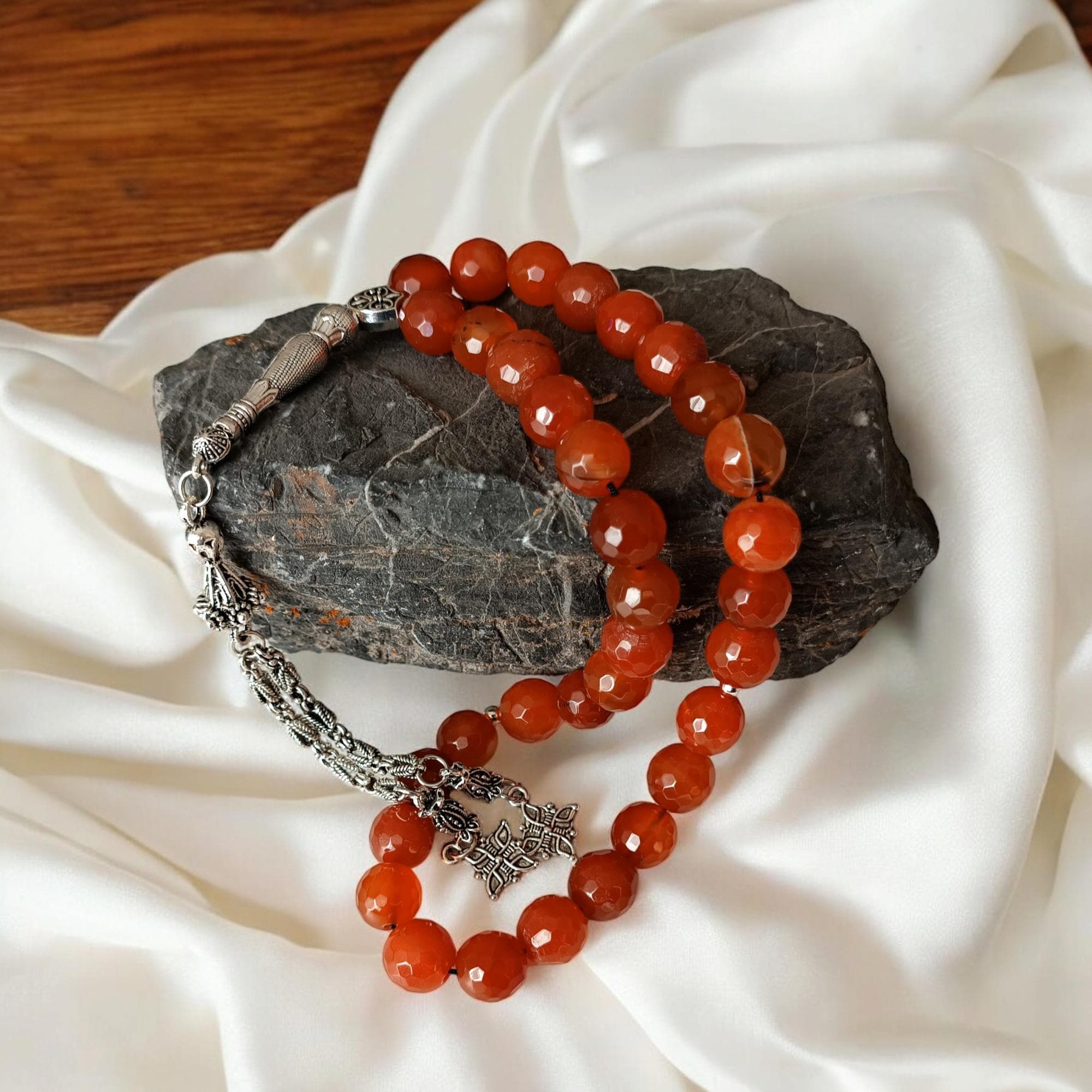Faceted Agate Tasbih, Orange Aqeeq Misbah, Round Rosary Beads, Gemstone ...