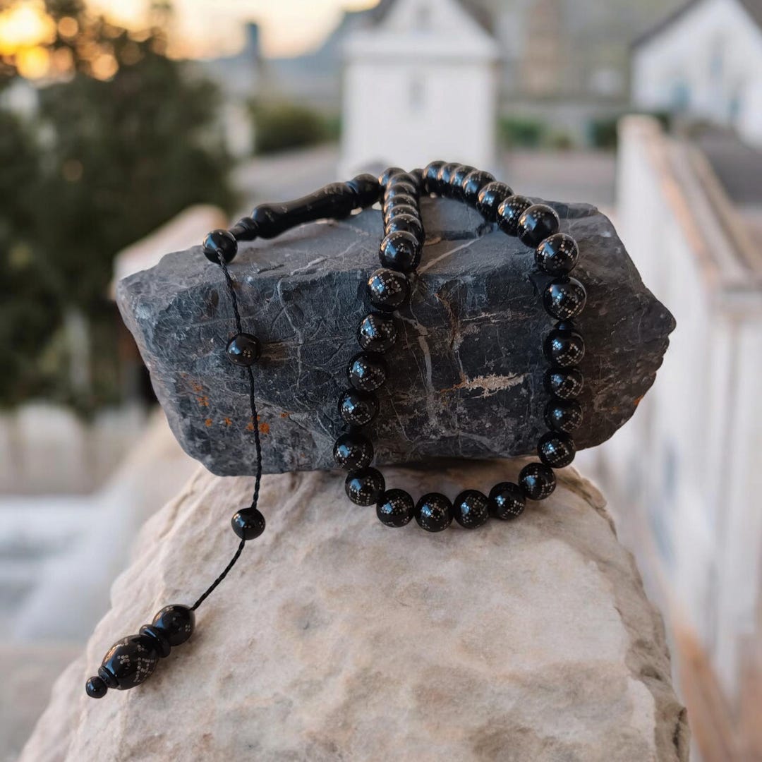 Kuka Tree Tasbih, Silver Inlaid Subha, Black Prayer Beads, Muslim ...