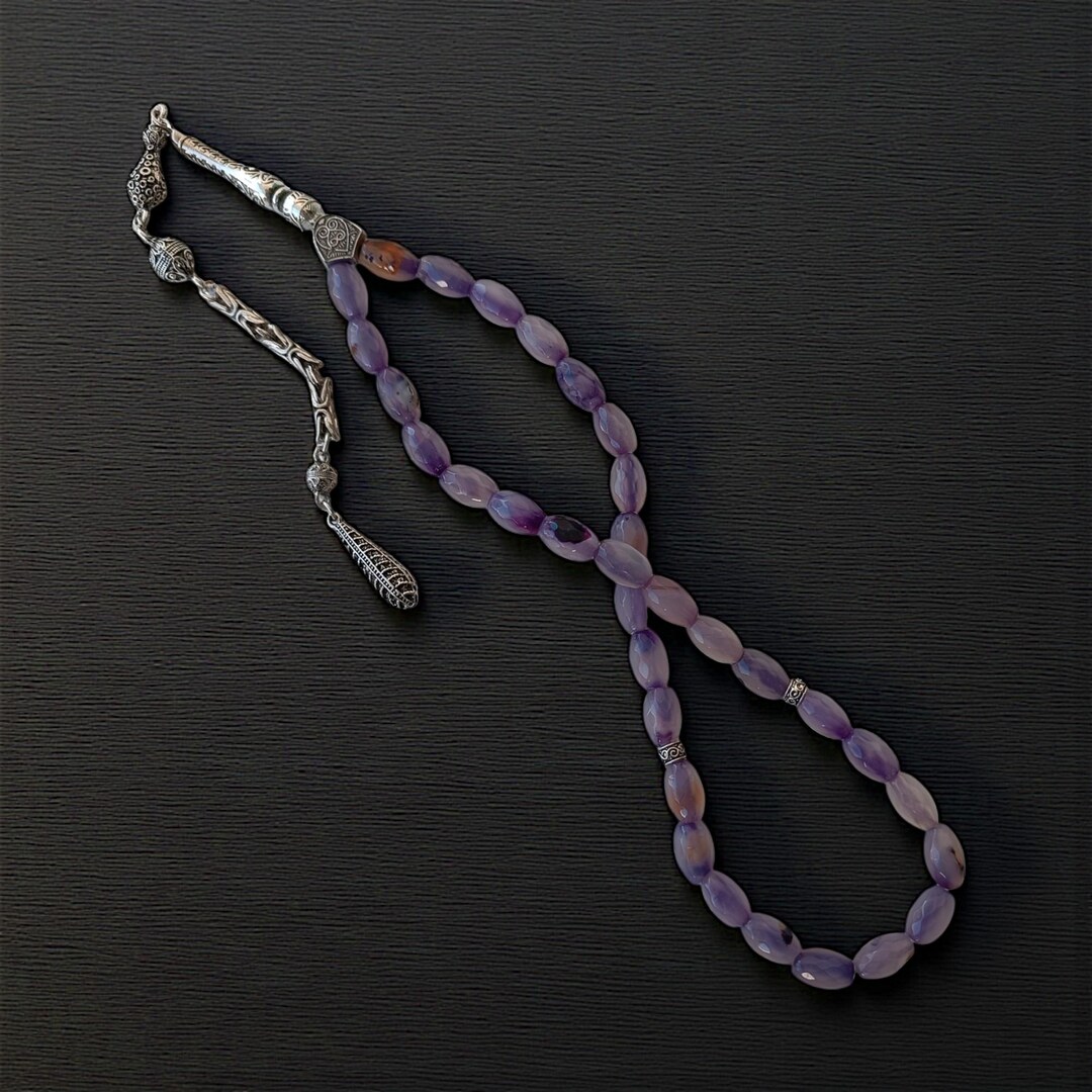 Purple Gemstone Prayer Beads, 33 Beads Agate Subha, Aqeeq Stone Tasbih ...