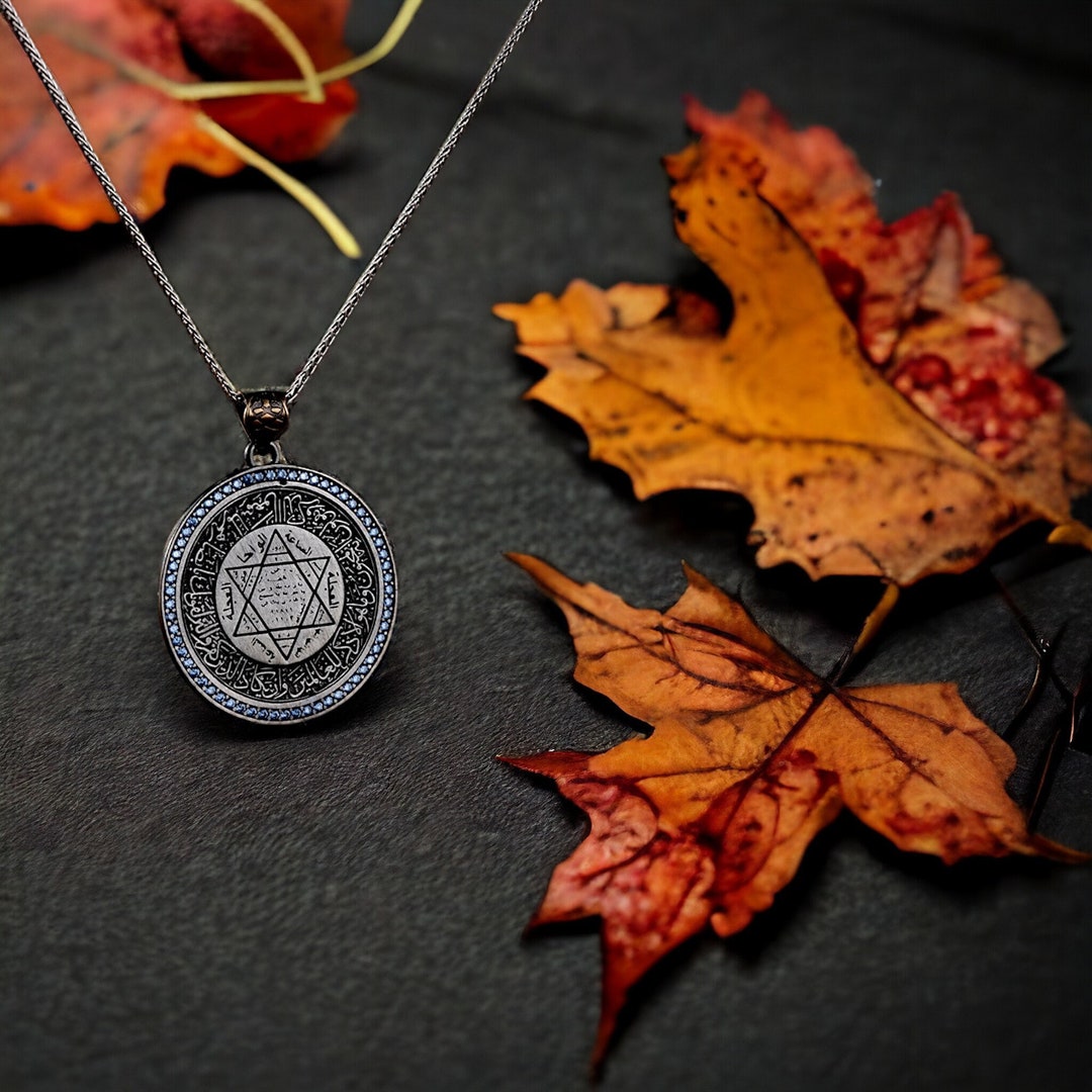 Blue Topaz Gemstone and Seal of Solomon Pendant, Quran Verse Necklace ...