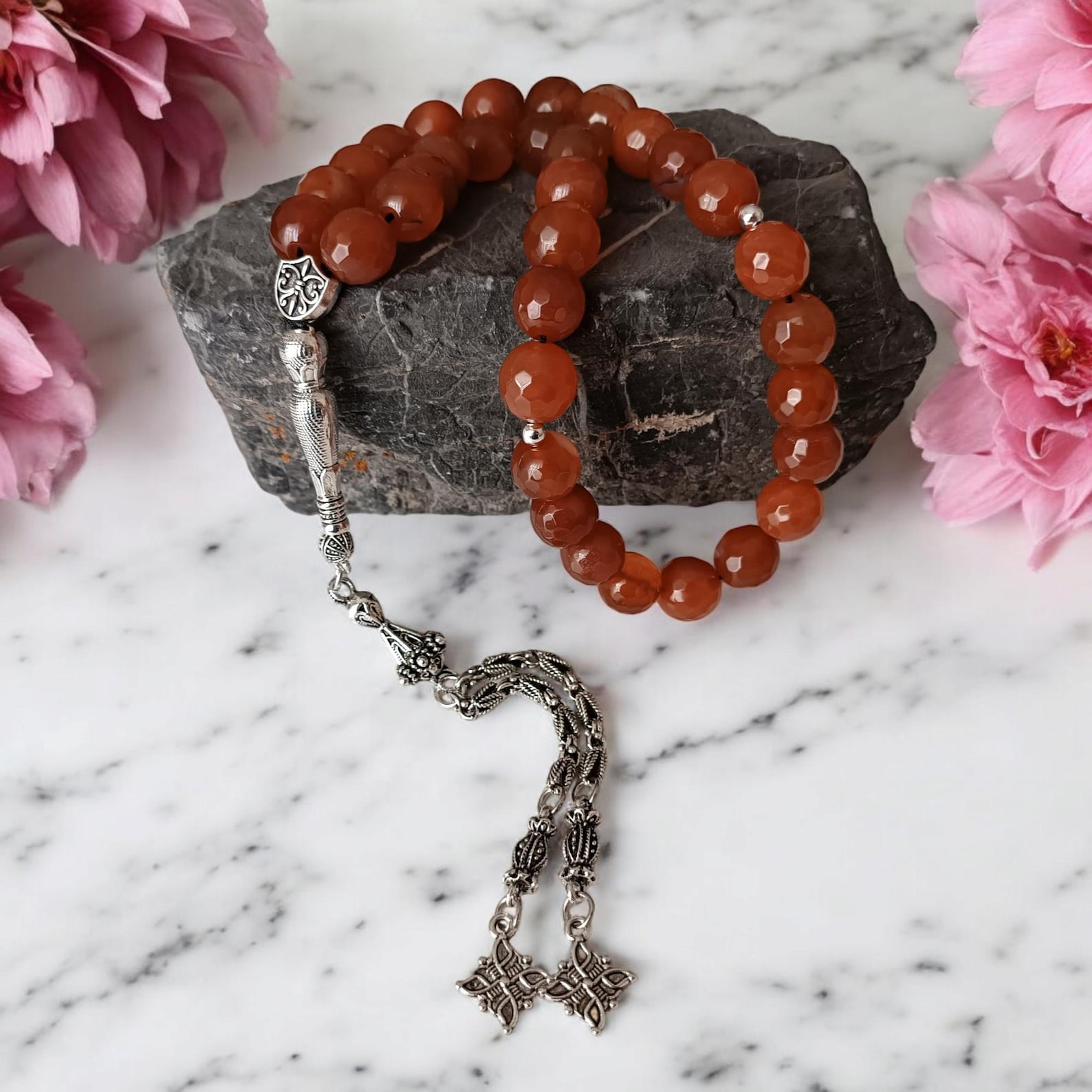Faceted Agate Tasbih, Orange Aqeeq Misbah, Round Rosary Beads, Gemstone ...