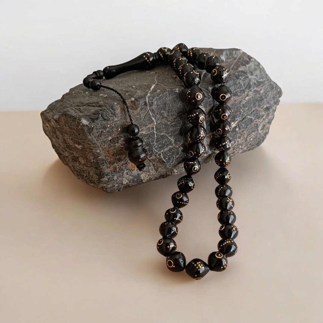 Black Prayer Beads, Kuka Rosary, Islamic Tasbih, Patterned Misbah ...