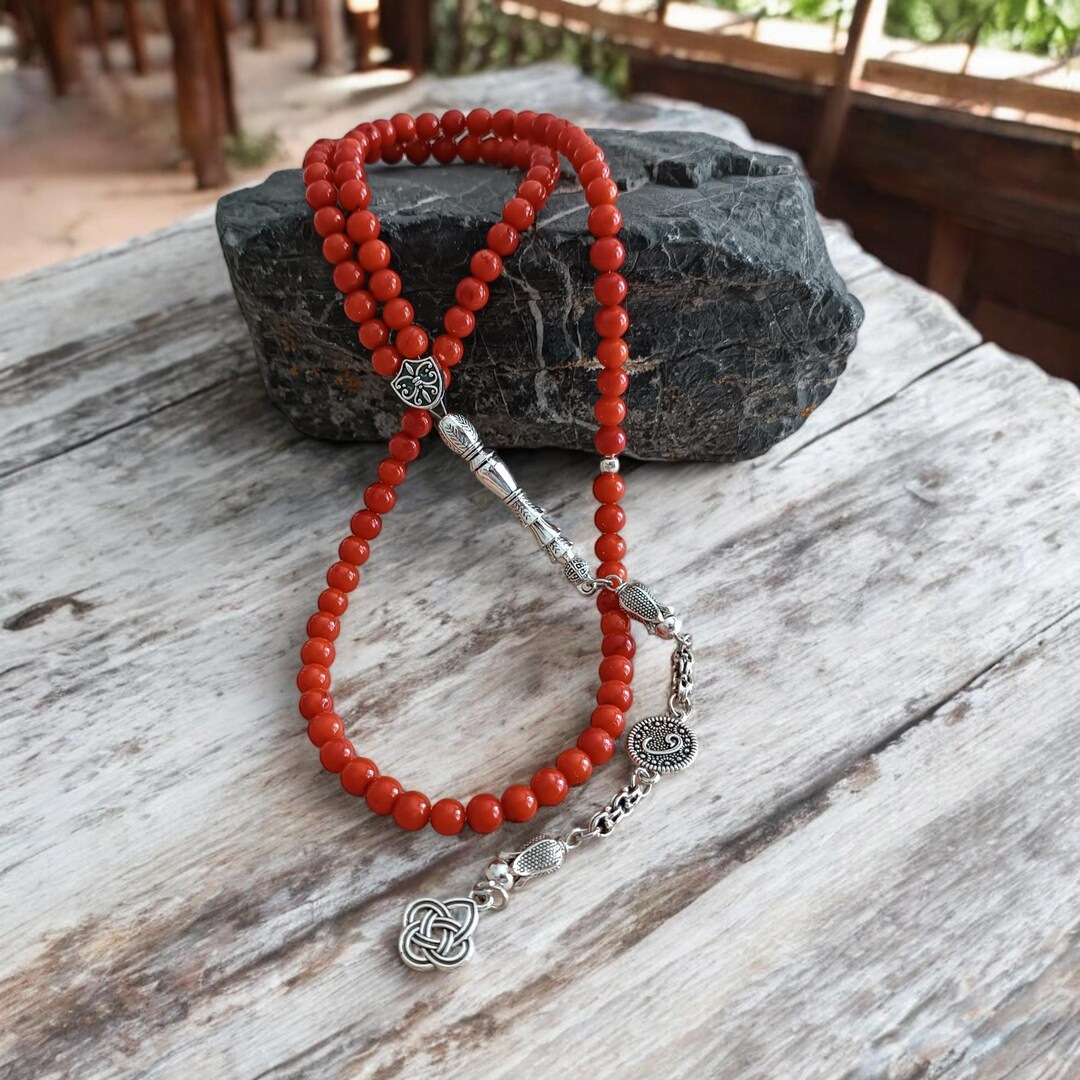 Red Gemstone Misbah, Coral Prayer Beads, Rosary Necklace, Natural Stone ...