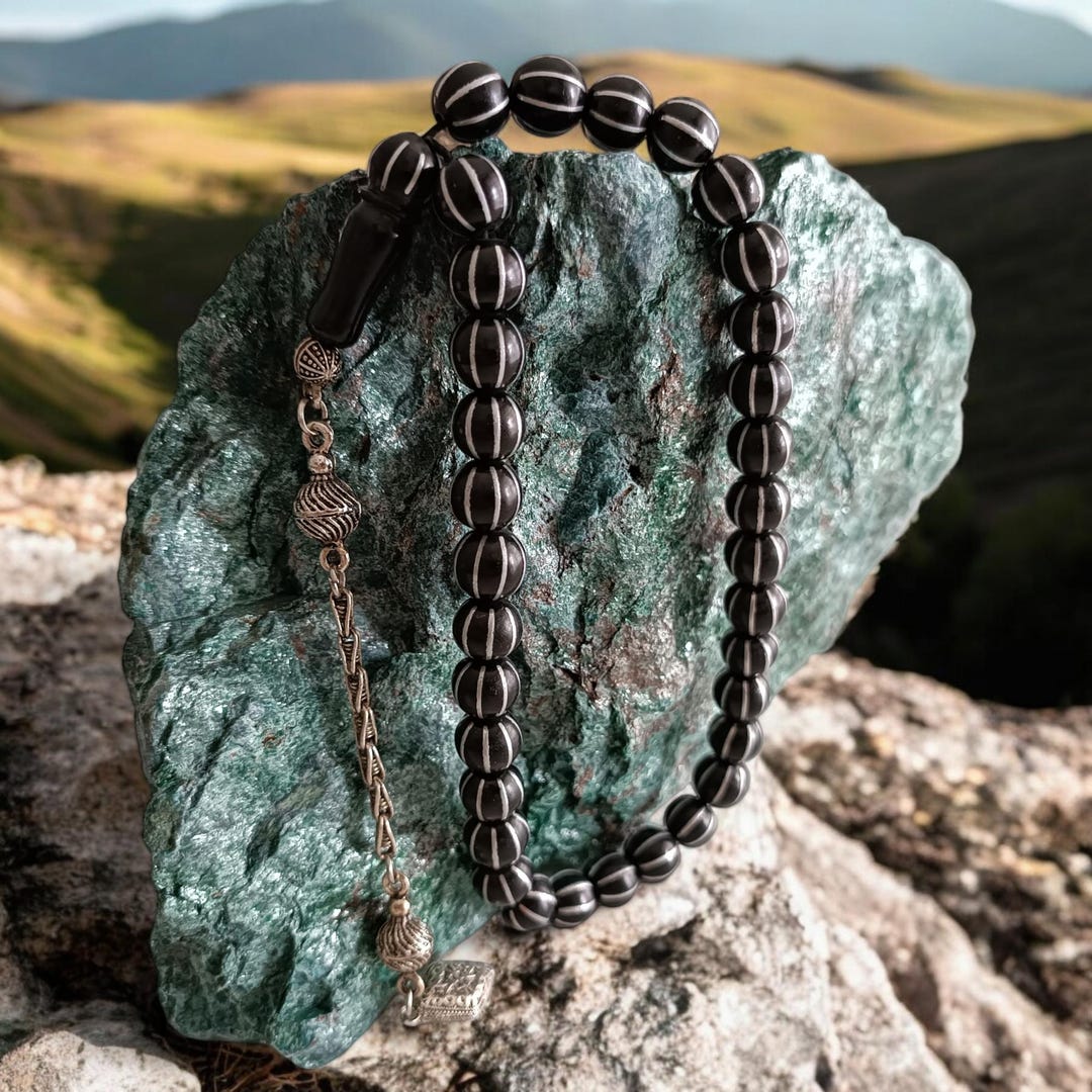 Real Large Black Oltu Jet Stone Prayer Beads, Black Oltu Stone Rosary ...